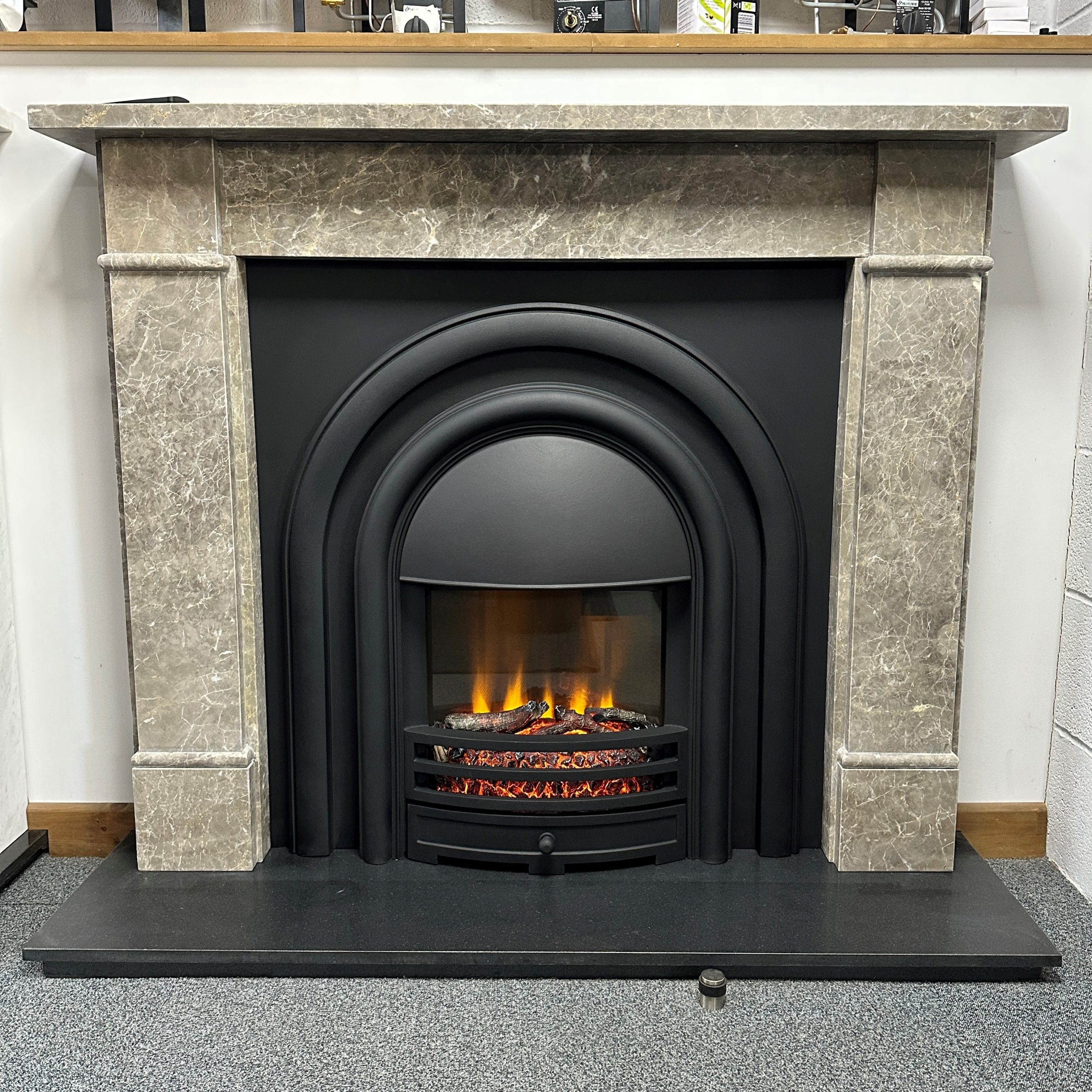 Black Arched Electric Fireplace Emporador Grey Limestone - Castfireplaces
